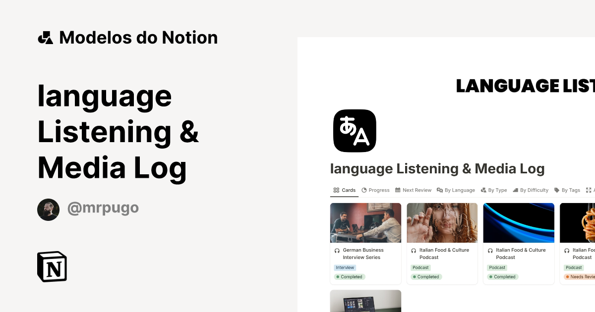 language Listening & Media Log Modelo por mrpugo | Marketplace do Notion