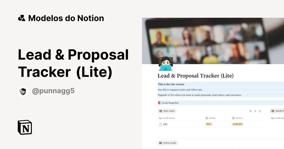Modelo Lead & Proposal Tracker (Lite) | Marketplace do Notion