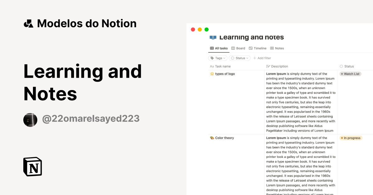 Modelo Learning and Notes | Marketplace do Notion
