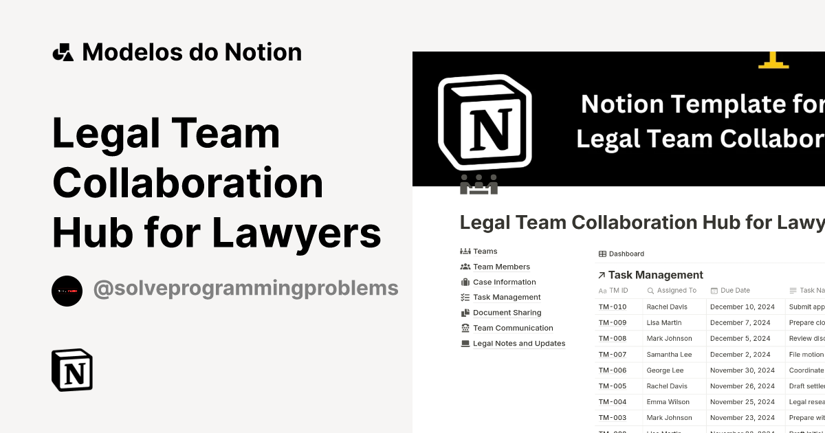 Legal Team Collaboration Hub for Lawyers Modelo por Hams AI Tech | Marketplace do Notion
