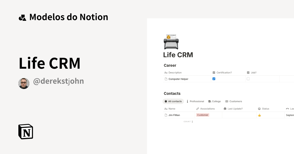 Life CRM Modelo por Derek St. John | Marketplace do Notion