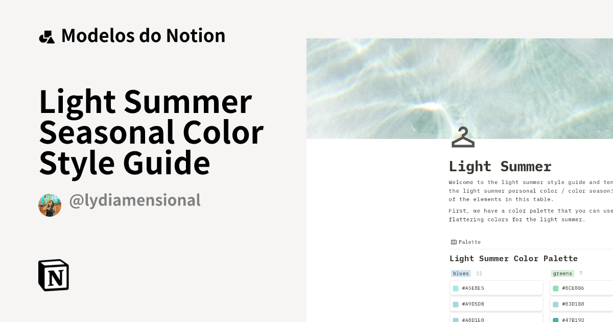 Modelo Light Summer Seasonal Color Style Guide | Marketplace do Notion