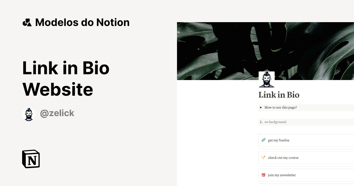 Link in Bio Website Modelo por Zelick | Marketplace do Notion