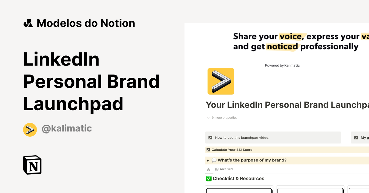 LinkedIn Personal Brand Launchpad Modelo por Kalimatic | Marketplace do Notion