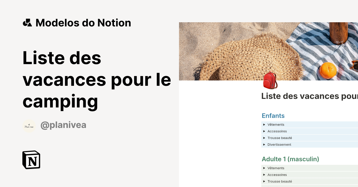 Modelo Liste des vacances pour le camping | Marketplace do Notion