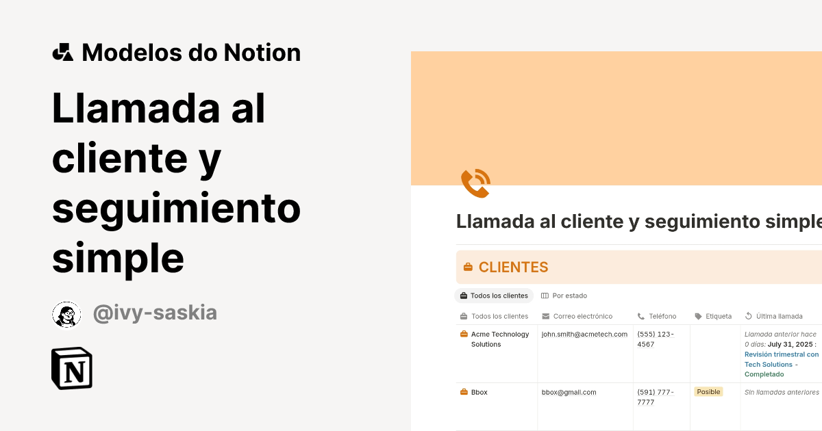 Modelo Llamada al cliente y seguimiento simple | Marketplace do Notion