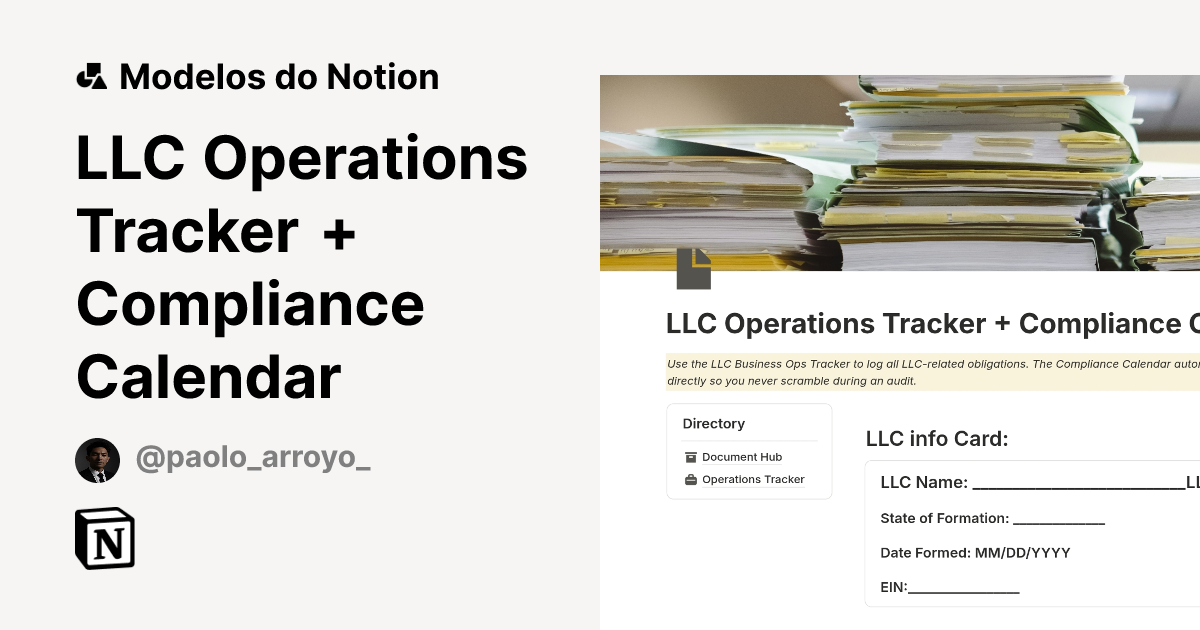 Modelo LLC Operations Tracker + Compliance Calendar | Marketplace do Notion