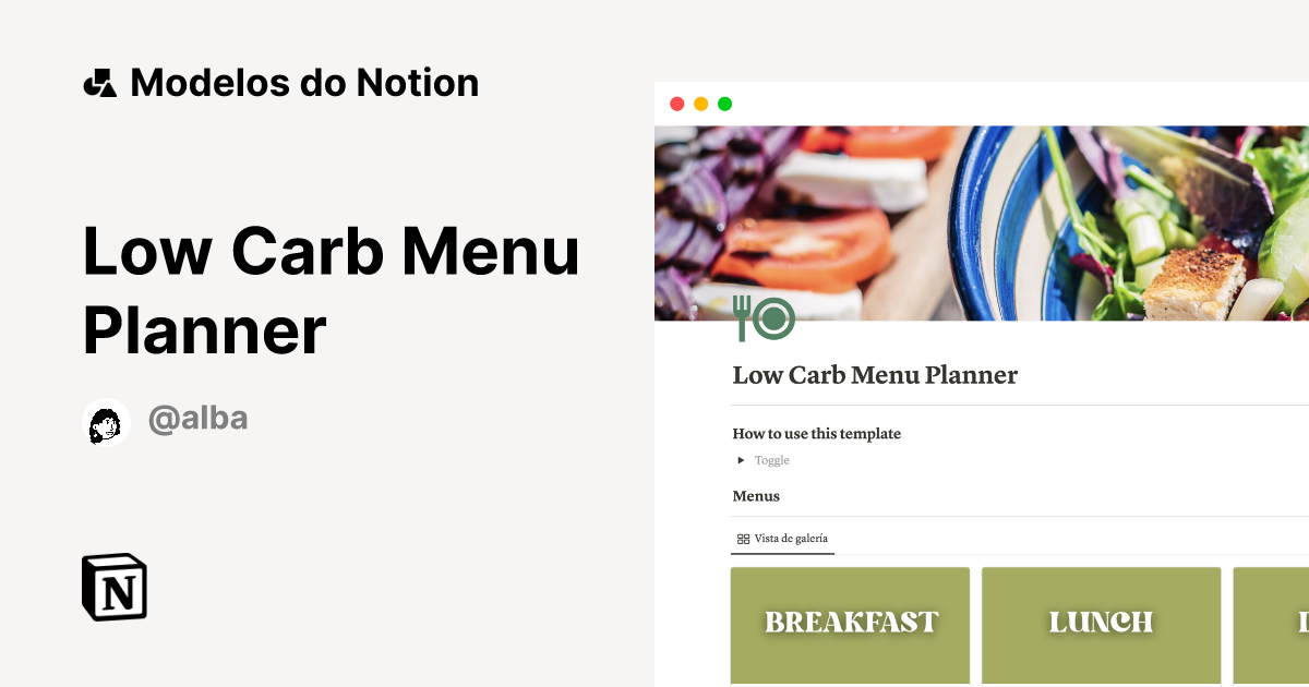 Low Carb Menu Planner Modelo por Alba Negrín | Marketplace do Notion