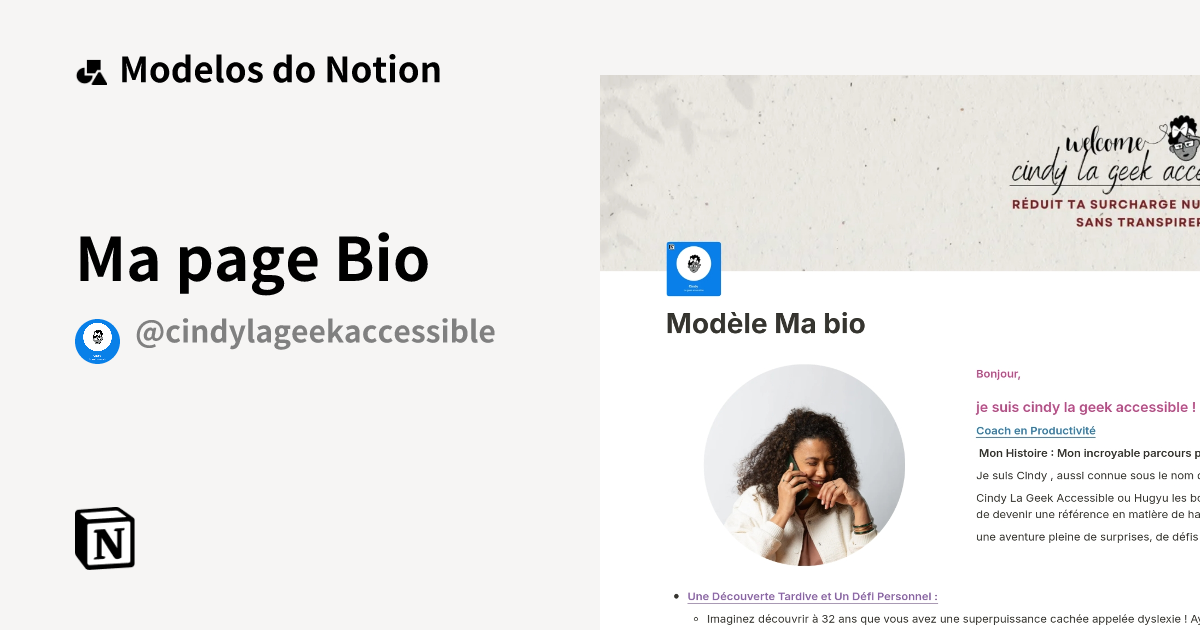 Ma page Bio Modelo por La geek accessible pour tous | Marketplace do Notion
