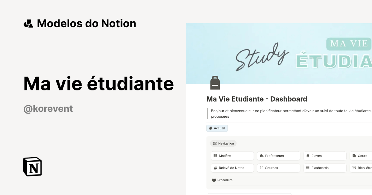 Ma vie étudiante Modelo por Korevent | Marketplace do Notion