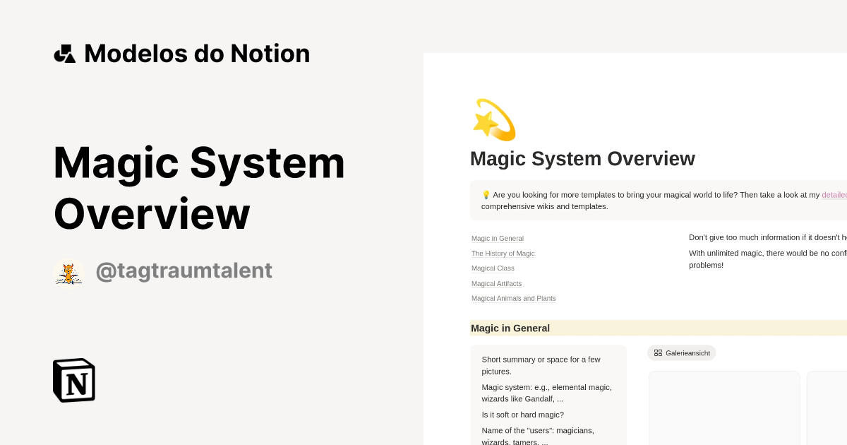 Magic System Overview Modelo por Tagtraumtalent | Marketplace do Notion