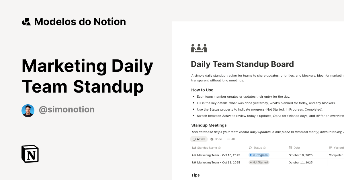 Marketing Daily Team Standup Modelo por Simo | Marketplace do Notion