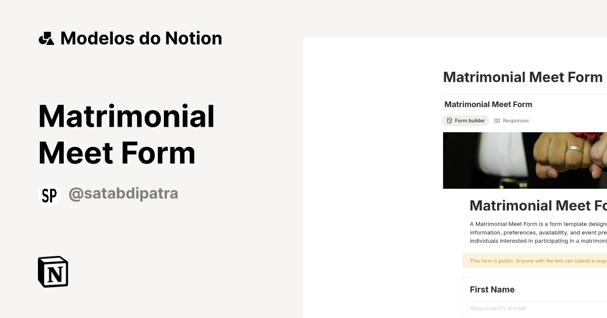 Matrimonial Meet Form Modelo por Satabdi Patra | Marketplace do Notion