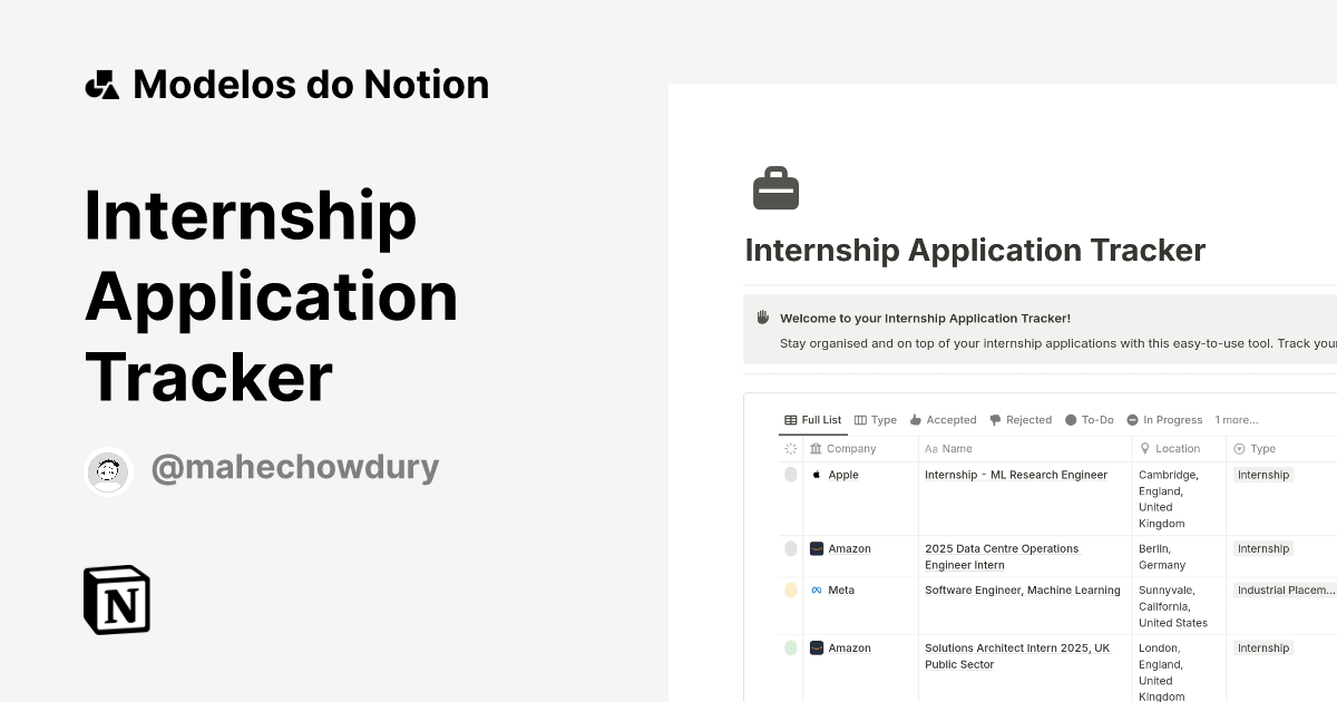 Modelo Internship Application Tracker | Marketplace do Notion
