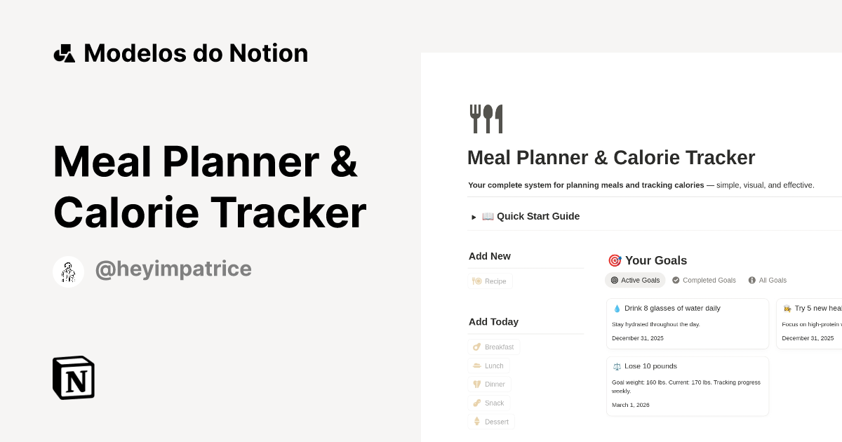 Meal Planner & Calorie Tracker Modelo por Patrice | Marketplace do Notion