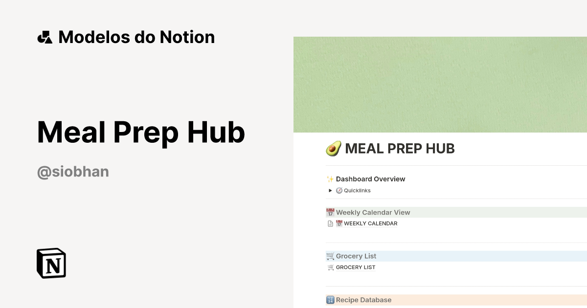 Meal Prep Hub Modelo por Siobhan Silva | Marketplace do Notion