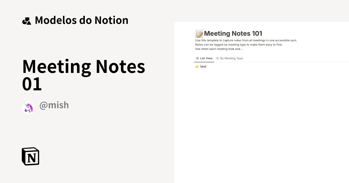 Meeting Notes 01 Modelo por Mish | Marketplace do Notion