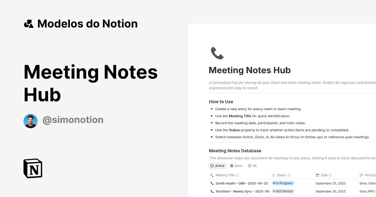 Modelo Meeting Notes Hub | Marketplace do Notion