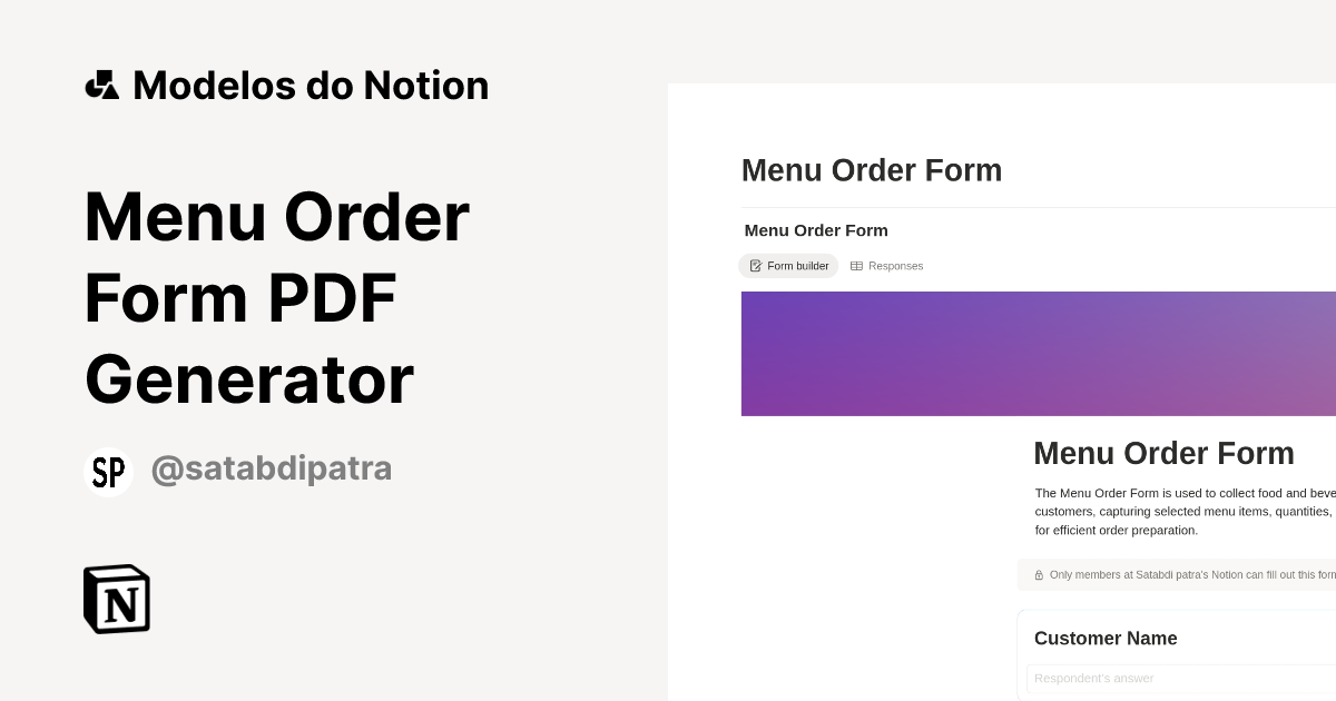 Modelo Menu Order Form PDF Generator | Marketplace do Notion