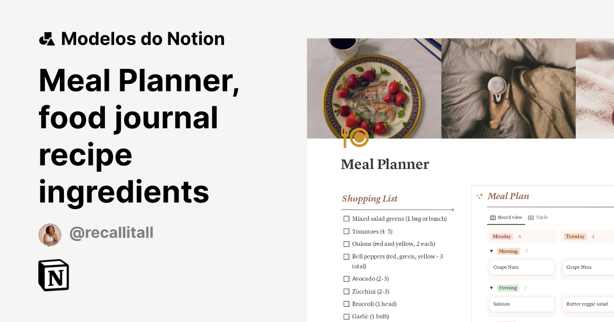 Modelo Meal Planner, food journal recipe ingredients | Marketplace do ...