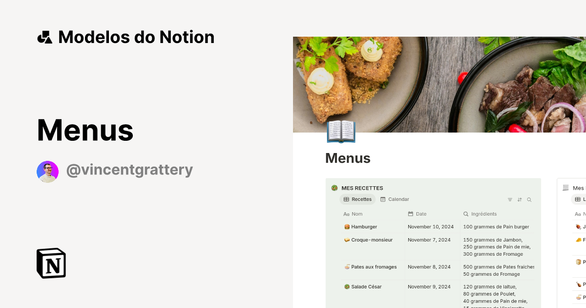 Menus Modelo por Vincent GRATTERY | Marketplace do Notion