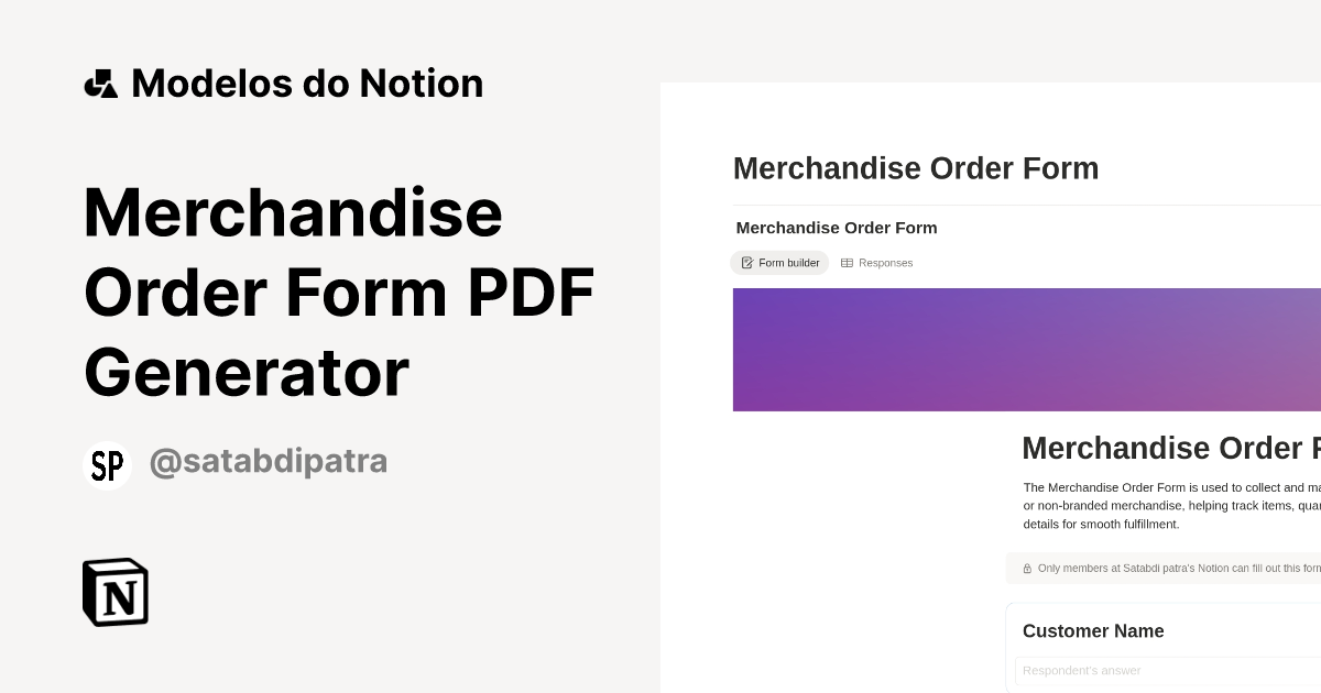 Modelo Merchandise Order Form PDF Generator | Marketplace do Notion