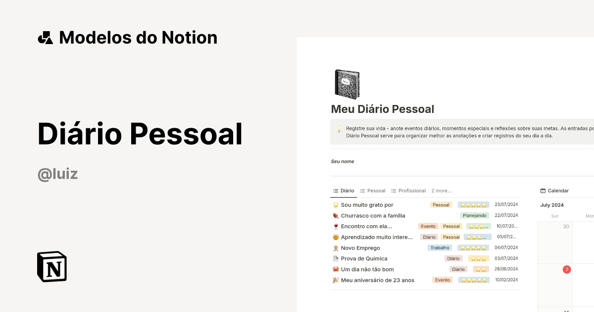Modelo Diário Pessoal | Marketplace do Notion