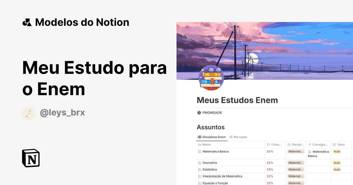Meu Estudo para o Enem Modelo por Mr. Study | Marketplace do Notion