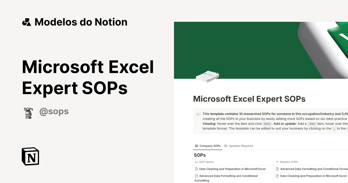 Modelo Microsoft Excel Expert SOPs | Marketplace do Notion