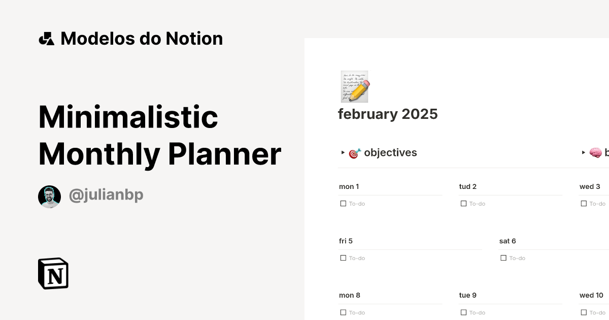 Minimalistic Monthly Planner Modelo por Julian • designer → builder | Marketplace do Notion