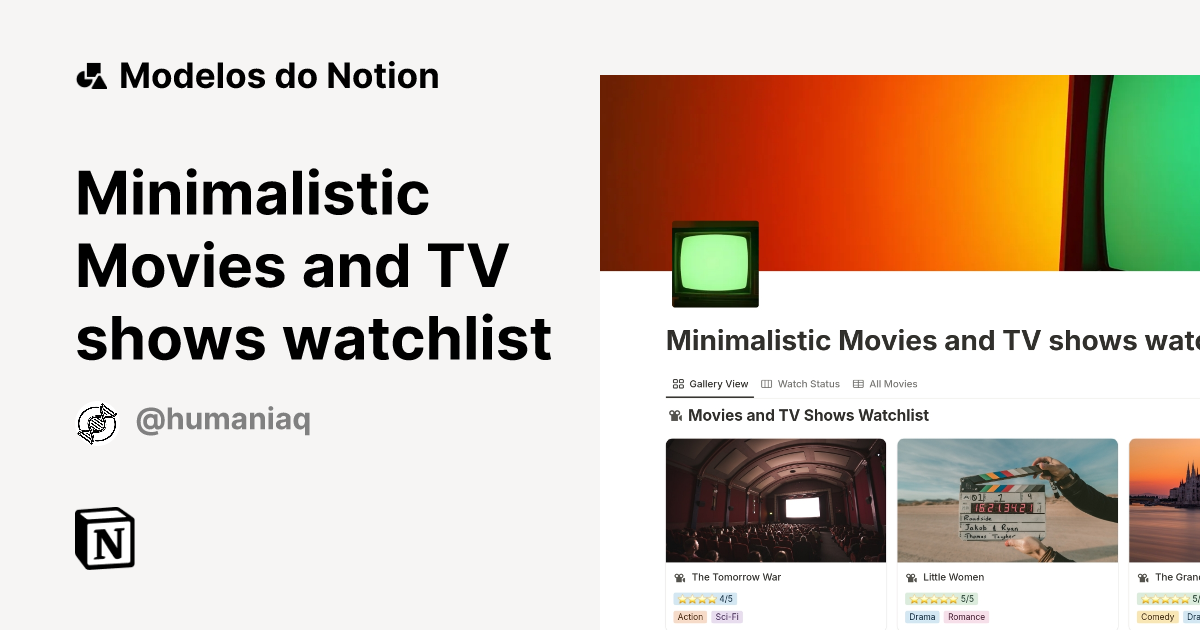 Modelo Minimalistic Movies and TV shows watchlist | Marketplace do Notion