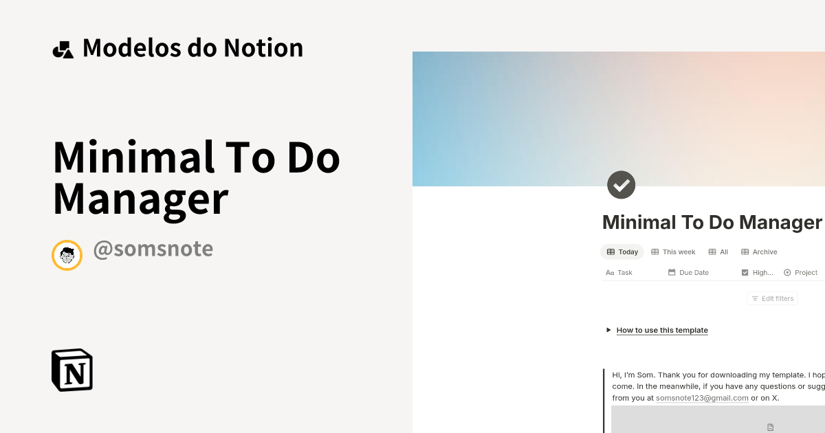 Minimal To Do Manager Modelo por Som | Marketplace do Notion
