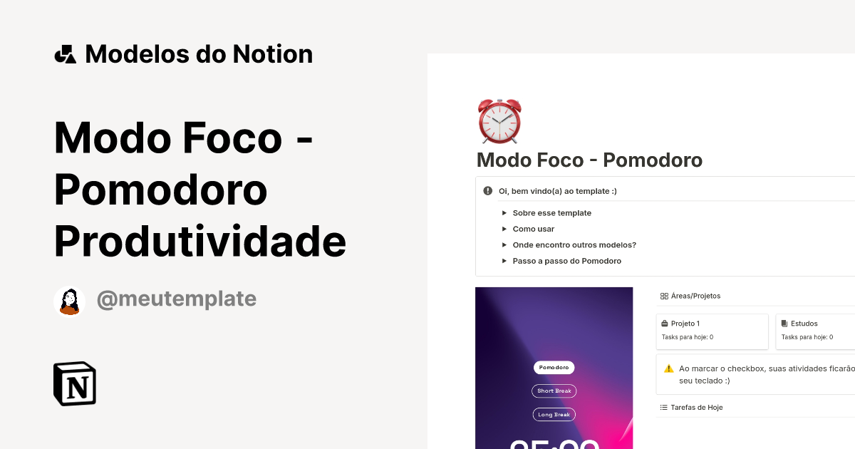 Modo Foco - Pomodoro Produtividade Modelo por Meu Notion | Marketplace ...