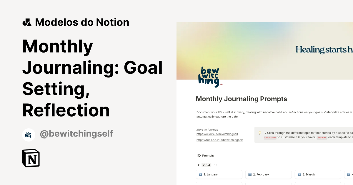 Modelo Monthly Journaling: Goal Setting, Reflection | Marketplace do Notion