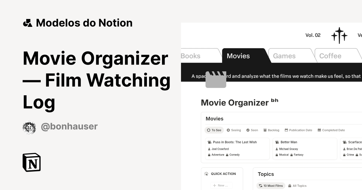 Modelo Movie Organizer — Film Watching Log | Marketplace do Notion