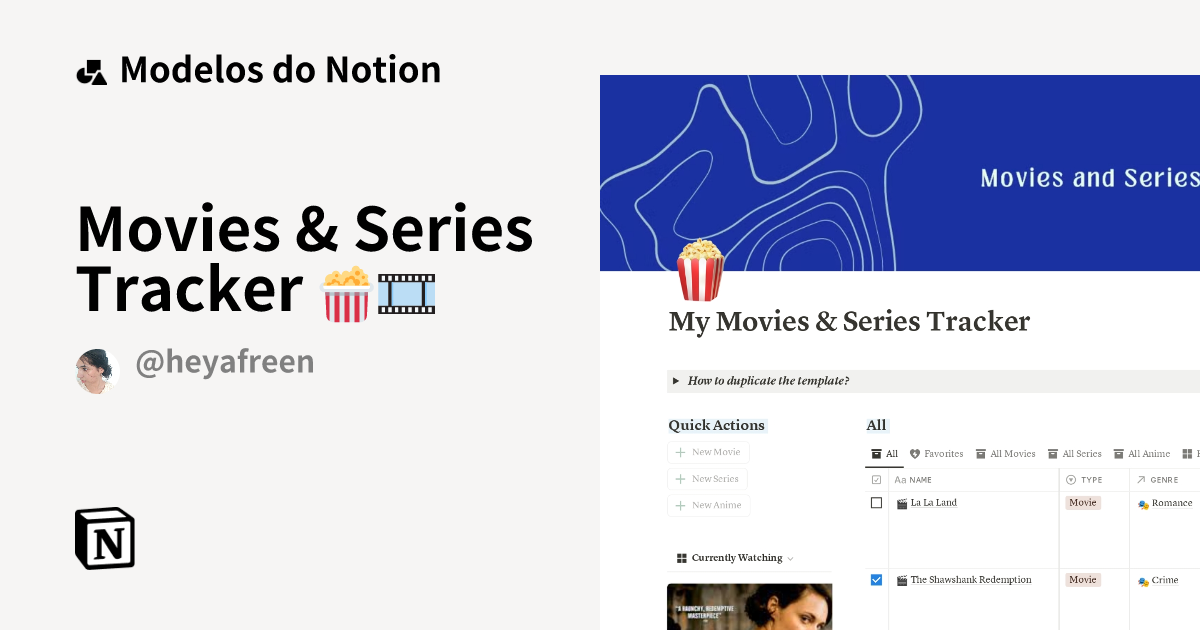 Movies & Series Tracker 🍿🎞️ Modelo por Afreen | Marketplace do Notion