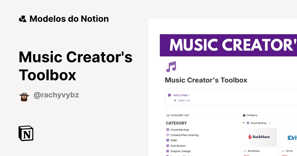 Music Creator's Toolbox Modelo por Rachy Notion | Marketplace do Notion
