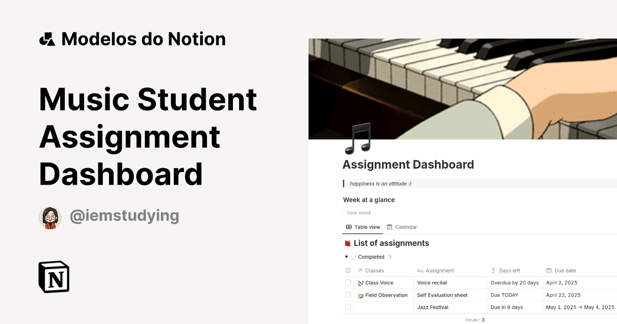 Music Student Assignment Dashboard Modelo por Ems | Marketplace do Notion