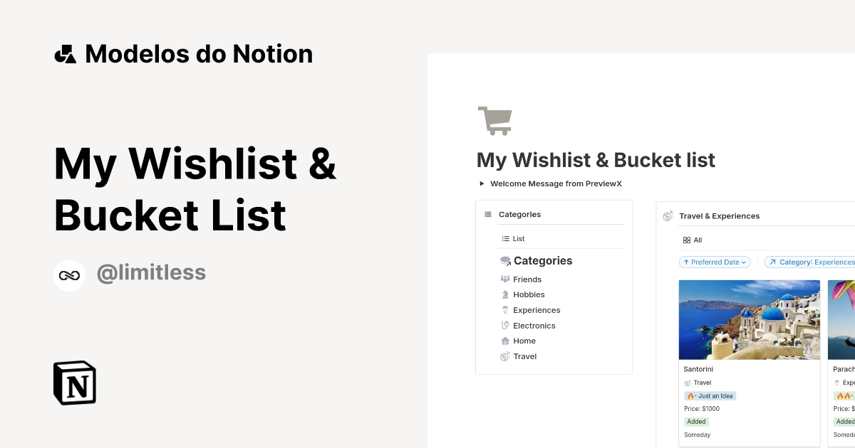 My Wishlist & Bucket List Modelo por Limitless Notion | Marketplace do Notion