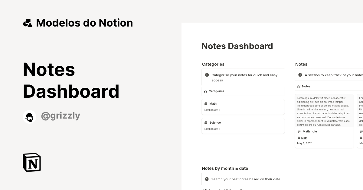 Notes Dashboard Modelo por Notion Grizzly | Marketplace do Notion