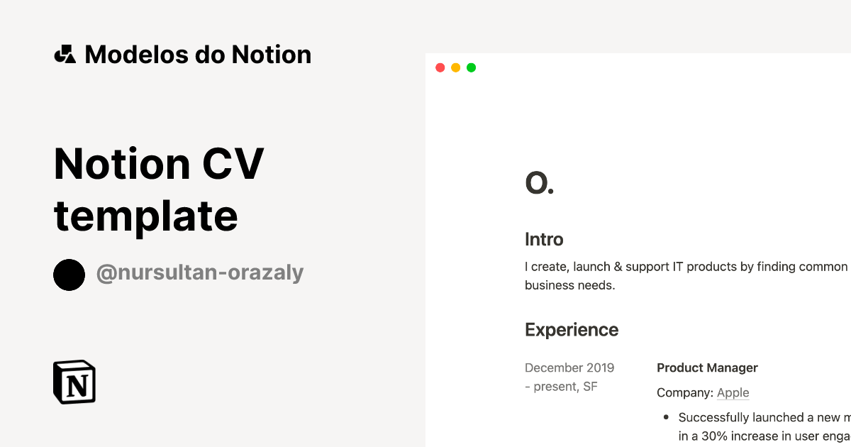 Notion CV template Modelo por Nursultan Orazaly | Marketplace do Notion