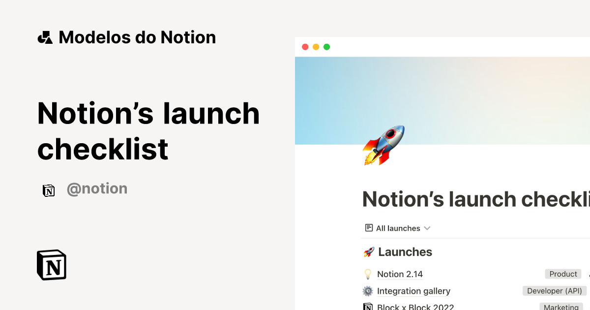 Notion’s launch checklist Modelo por Notion | Marketplace do Notion