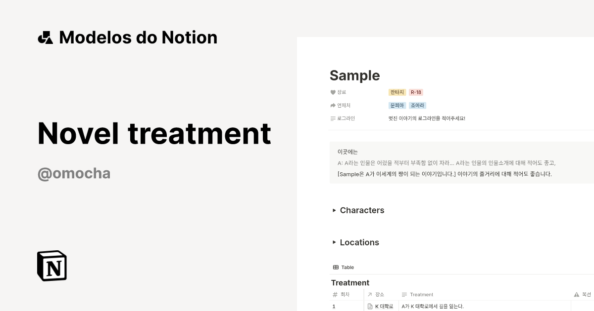 Novel treatment Modelo por OmOcha | Marketplace do Notion