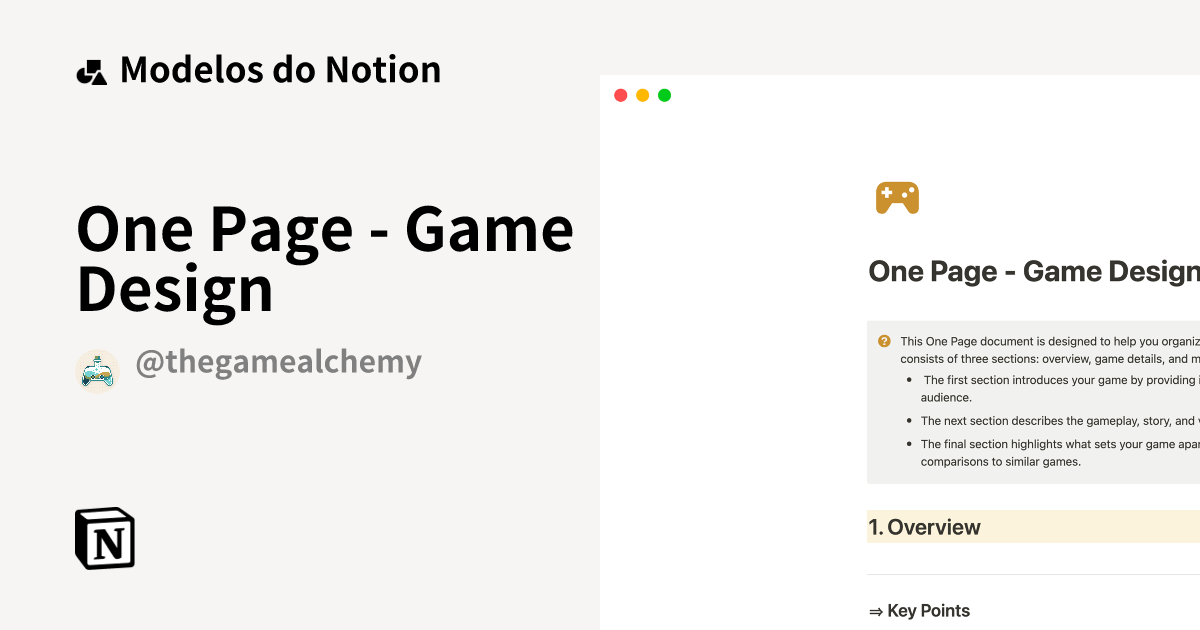 Modelo One Page - Game Design | Marketplace do Notion