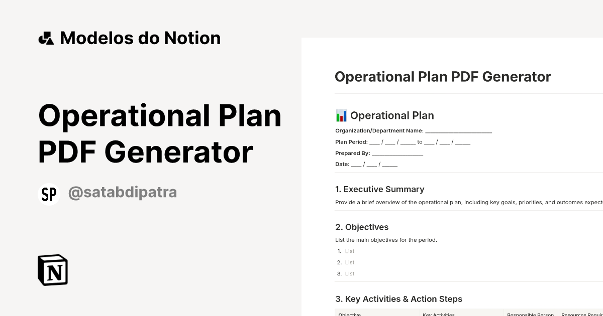Modelo Operational Plan PDF Generator | Marketplace do Notion