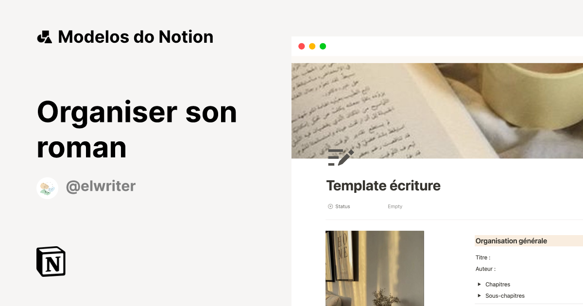 Modelo Organiser son roman | Marketplace do Notion