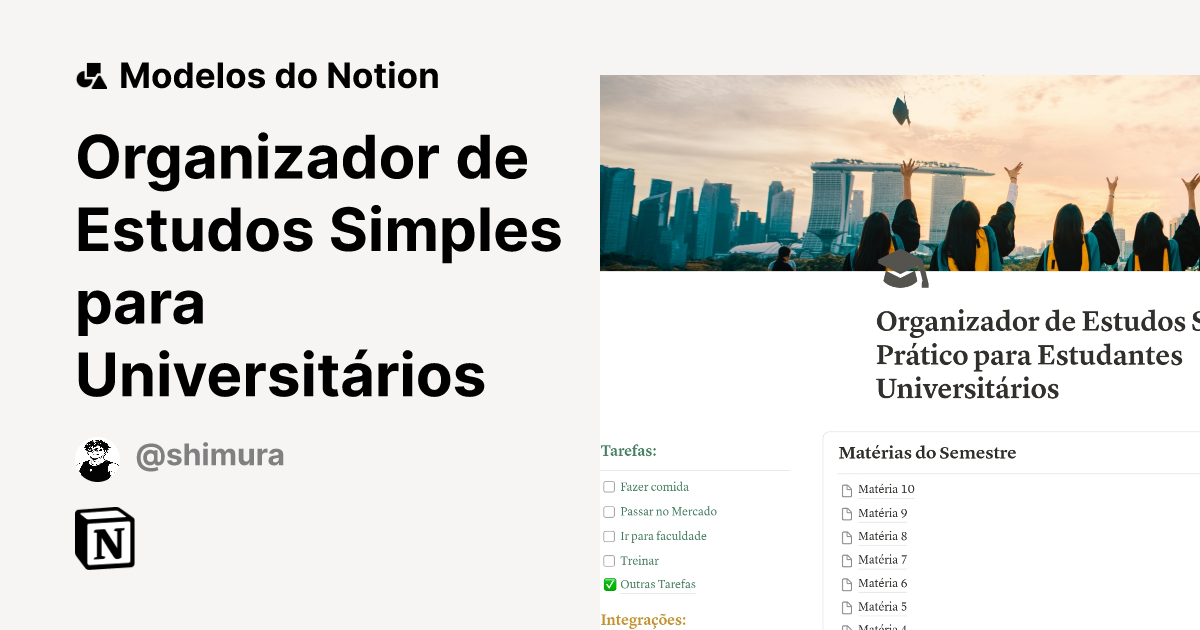 Organizador de Estudos Simples para Universitários Modelo por Eric Shimura | Marketplace do Notion