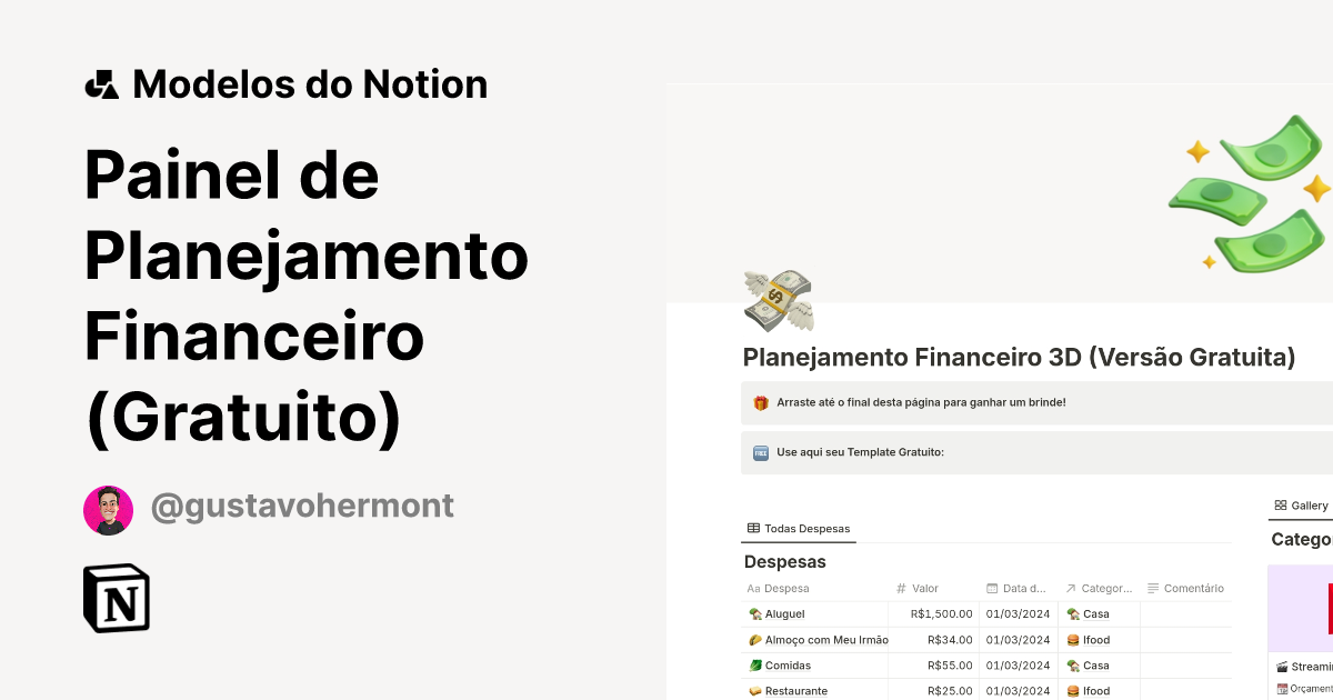 Painel de Planejamento Financeiro (Gratuito) Modelo por Gustavo | Marketplace do Notion