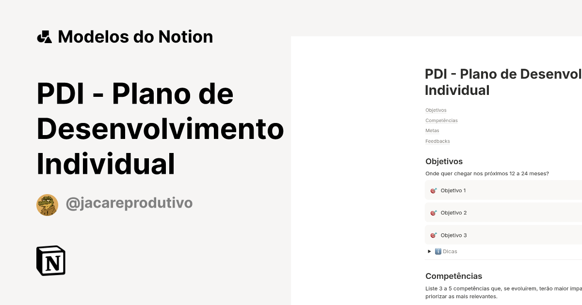 Modelo PDI - Plano de Desenvolvimento Individual | Marketplace do Notion