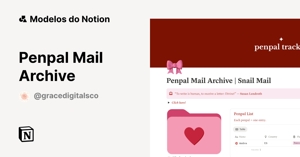 Penpal Mail Archive Modelo por Grace Digitals Co. | Marketplace do Notion